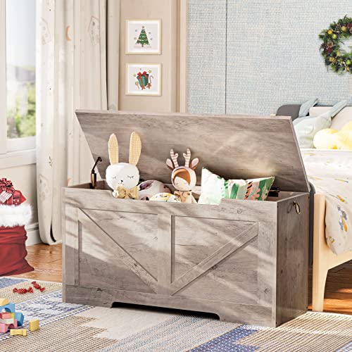 HOOBRO Storage Bench, 39.4β Retro Wooden Storage Chest with U-Shaped Cut-Out Pull, Safety Hinge, Supports 220 lb and Easy Assembly for Toy Box Organizer (Greige) BG771CW01