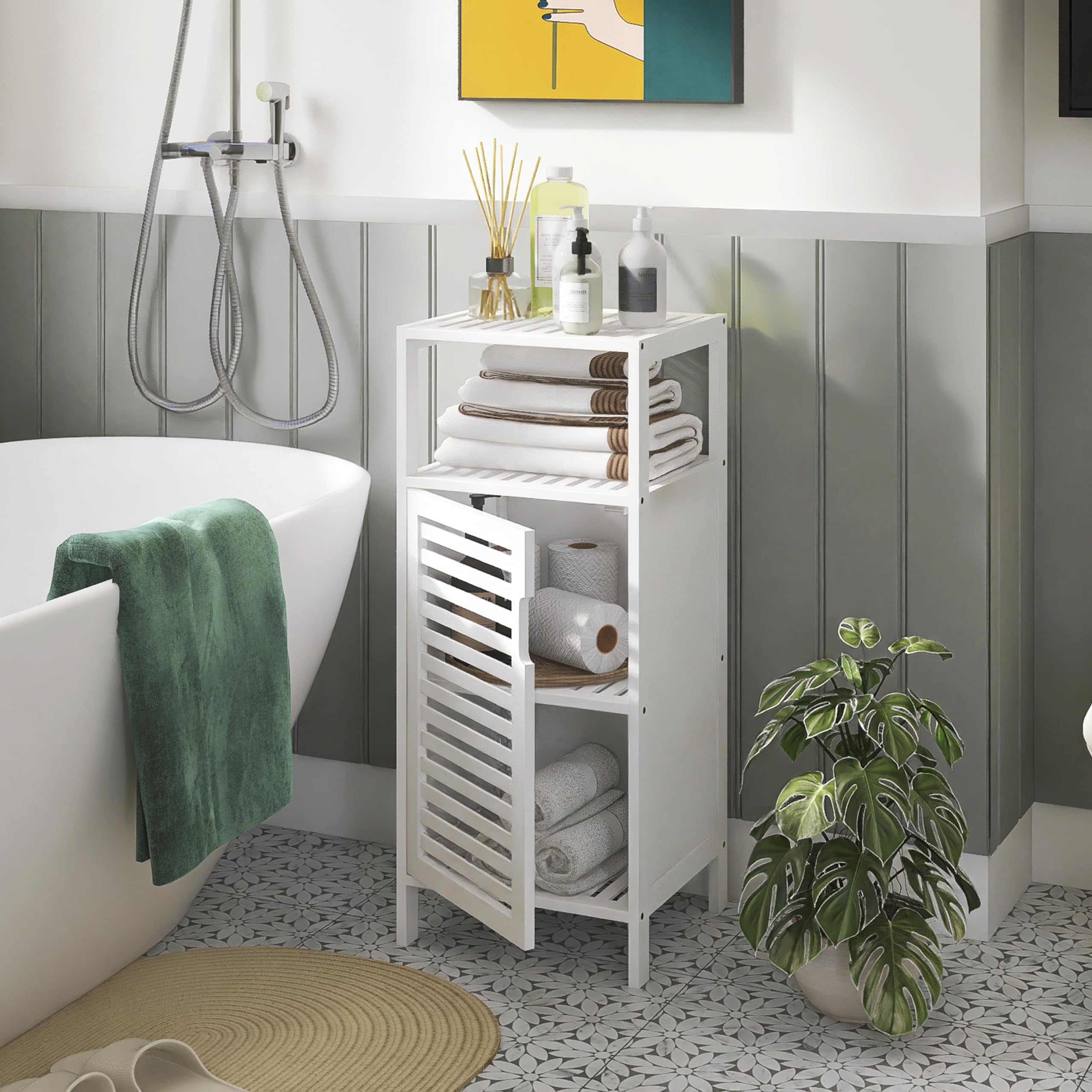 HITNET Bamboo Bathroom Storage Cabinet, 4 Tier Small White Floor Cabinet with Single Door, Free Standing Slim Narrow Storage Organizer for Bedroom Living Room