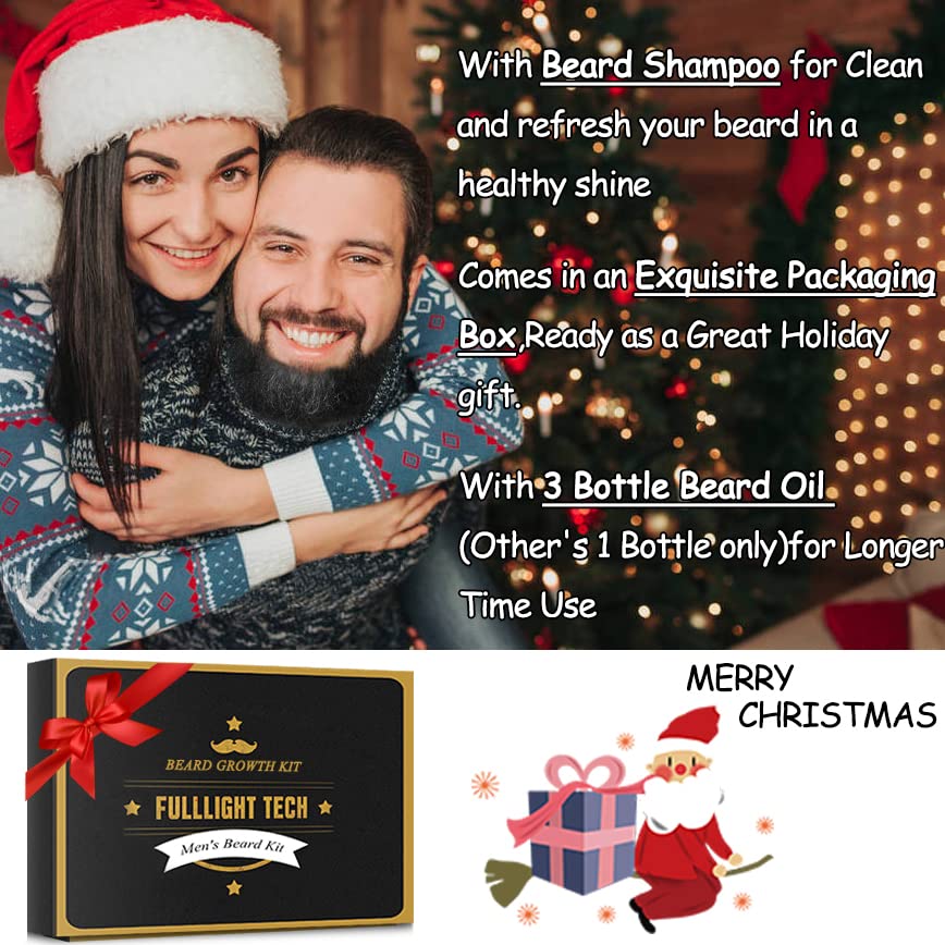 FULLLIGHT TECH Beard Kit for Men Grooming & Care W/Beard Wash/Shampoo,3 Packs Beard Oil,Beard Balm Leave-in Conditioner,Beard Comb,Beard Brush,Beard Scissor,Beard Grooming Kit Gifts for Men Husband