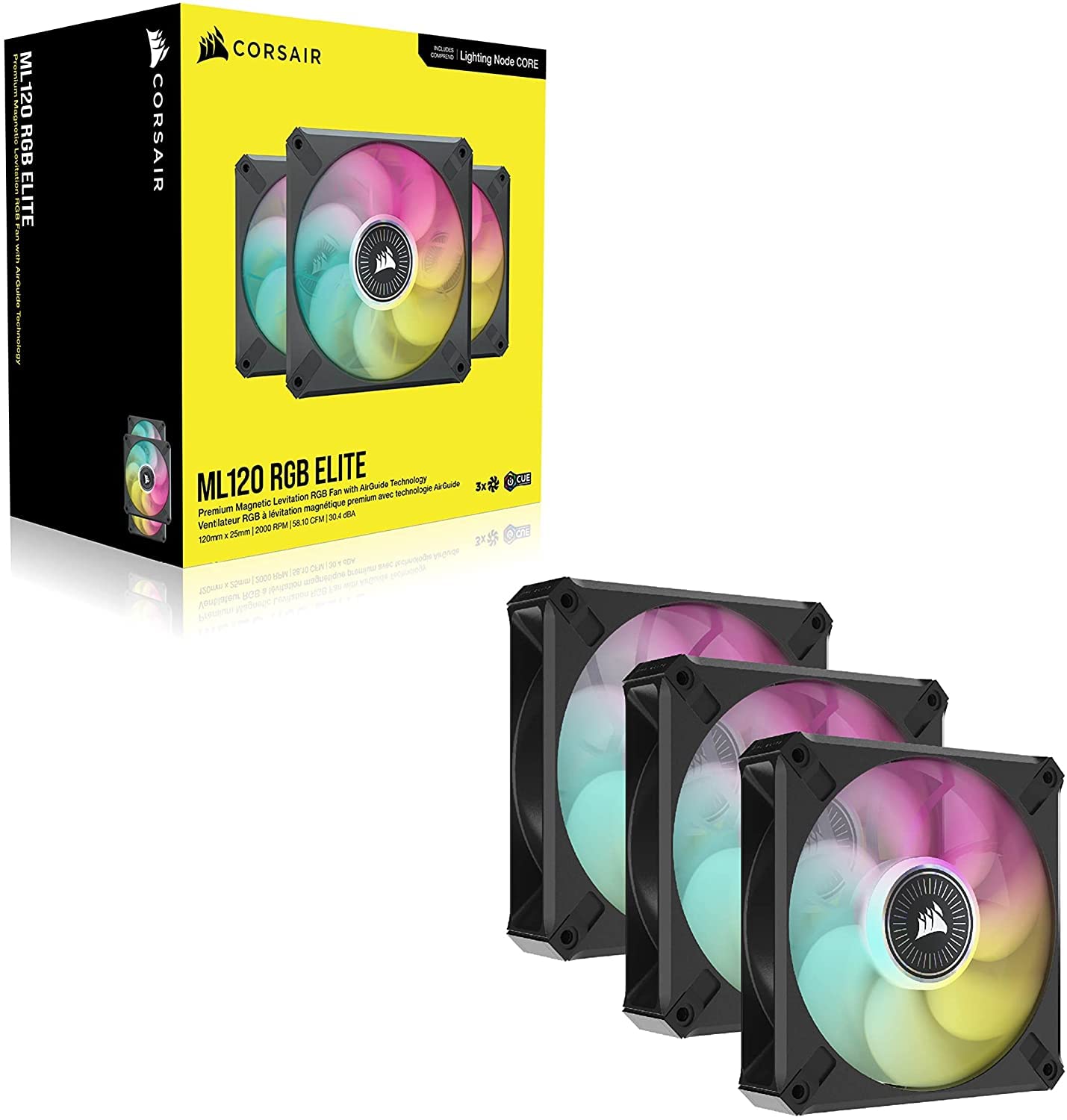 CORSAIR ML120 RGB ELITE, 120mm Magnetic Levitation RGB Fan with AirGuide, 3-Pack with Lighting Node CORE, Black For Radiator