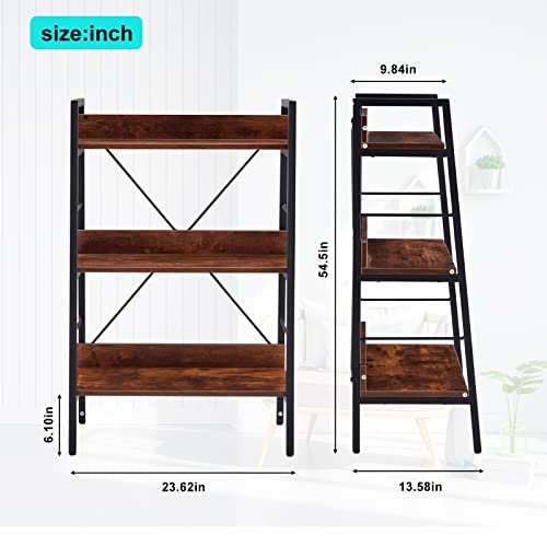 VERYKE 3 Tier Bookshelf Industrial Bookcase H Ladder Shelf Storage Shelves Wood Metal Book Rack Unit for Bedroom, Living Room(Tigger Brown)