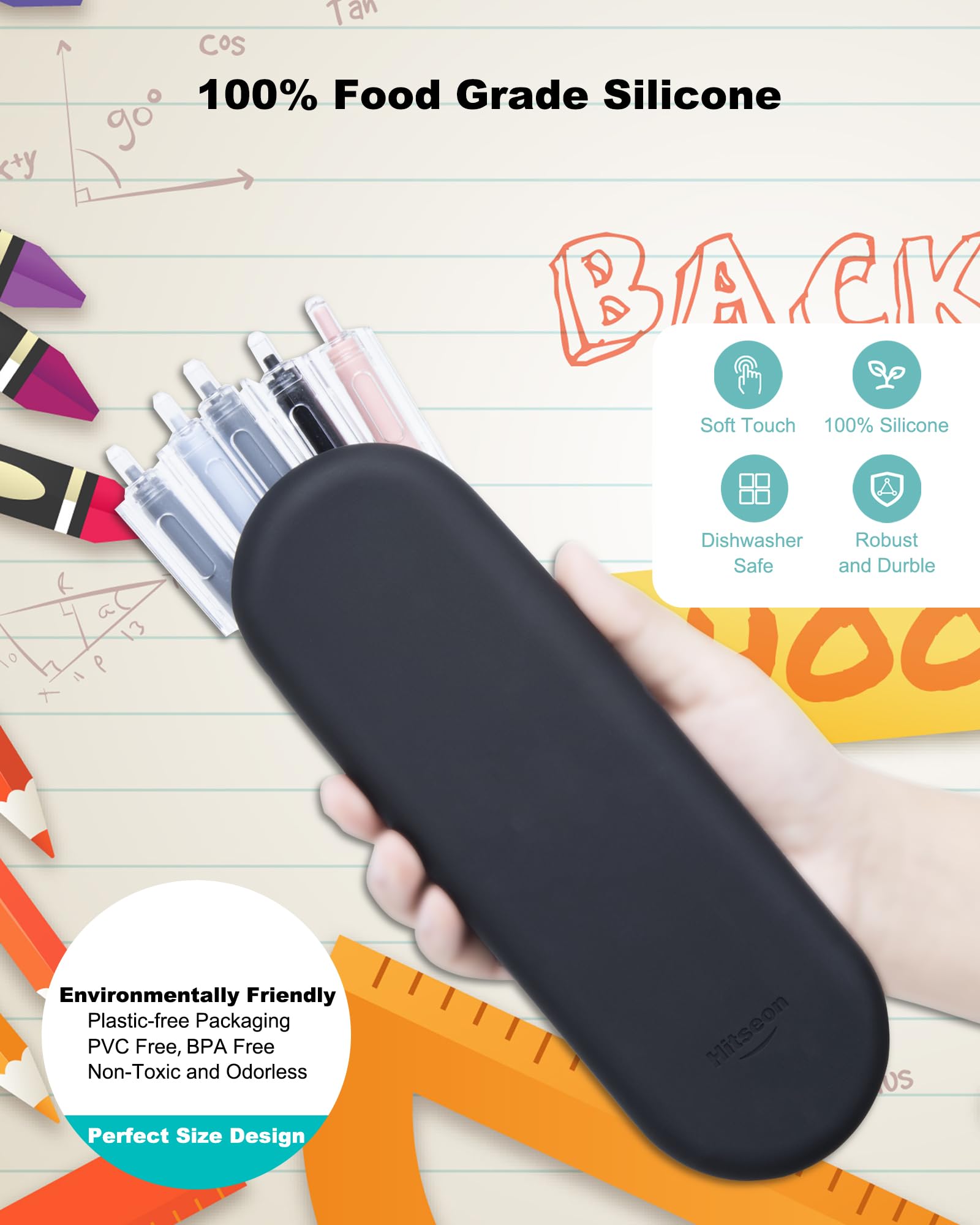 Hitseon Silicone Pencil Case Aesthetic, Soft Magnetic Portable Pen Case for Pencil Tools Organizer, Durable Easy to Clean Pencil Box for Boys Girls Adults School Office (Black)