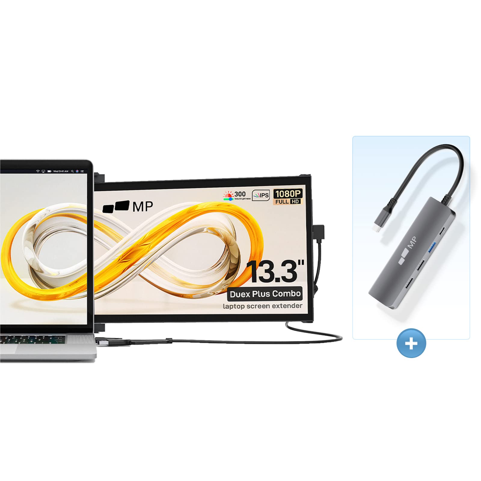 Duex Plus Combo with 5-in-1 USB C Hub, Mobile Pixels Portable Monitor 13.3" Full HD IPS Dual Monitor for laptops, USB C/USB A Plug and Play (1 Plus w/Kickstand and 1* Hub)