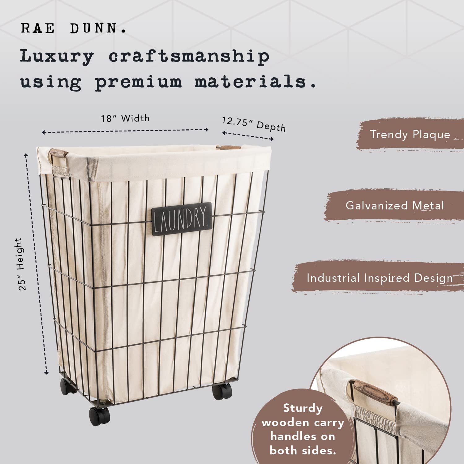 Rae Dunn Heavy Duty Laundry Hamper on Wheels - Lined Basket with Removable Cloth Liner - By Designstyles