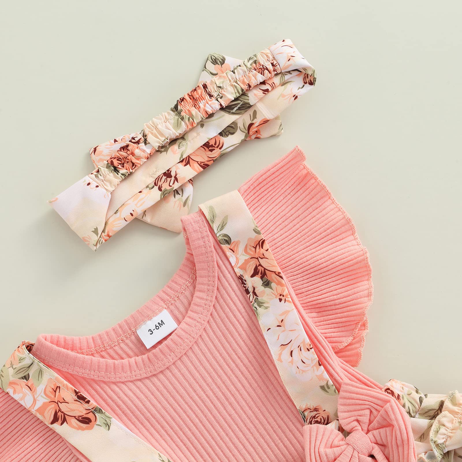MERSARIPHY Newborn Baby Girl Summer Clothes Cotton Linen Romper Floral Bodysuit Tops With Headband (Pink, 0-3 Months)