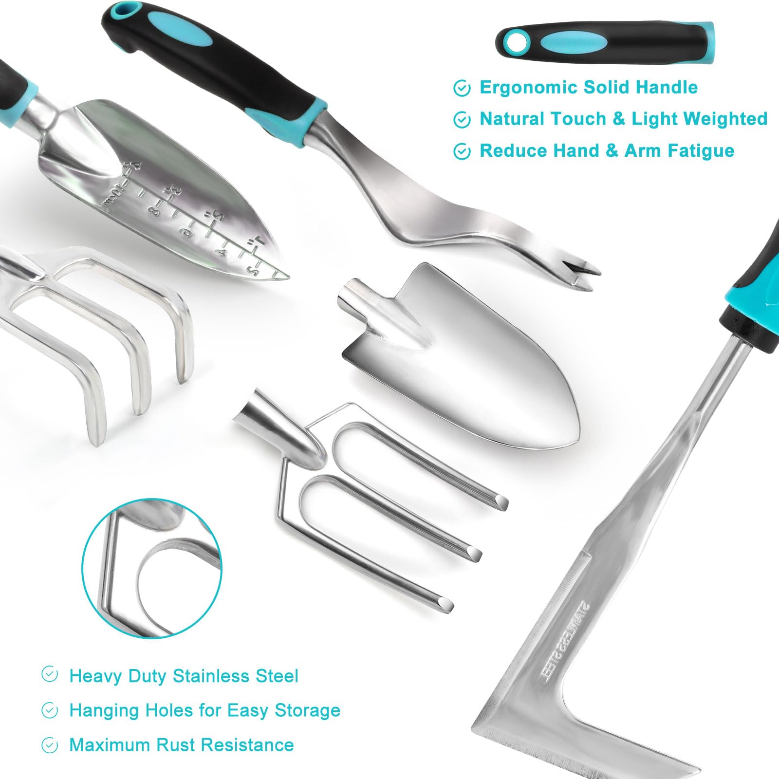 Garden Tool Set with Non Slip Rubber Grip,11 Piece Stainless Steel Gardening Tool Sets,Thickened Repotting Mat & Storage Tote Bag,Heavy Duty Outdoor Hand Tools Uprooting Weeding Tool, Ideal Gifts Blue