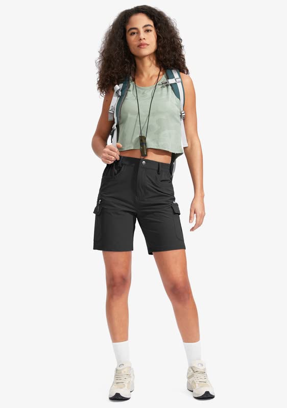 SANTINY Women's Hiking Cargo Shorts with 7 Pockets Lightweight Quick Dry 7 Inch Long Golf Shorts for Women Casual Summer (Black_L)