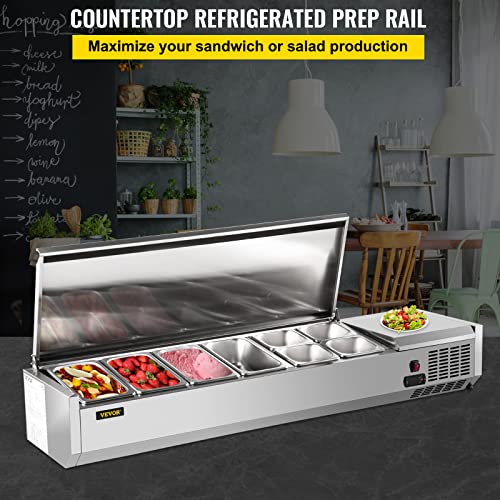 VEVOR 40Qt Sandwich Table 150W Stainless Salad Bar Refrigerated Condiment Prep Station, 60in, Silver