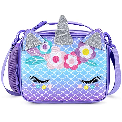 mibasies Kids Unicorn Backpack for Girls Rainbow School Bag with Lunch Box((Mermaid Purple)
