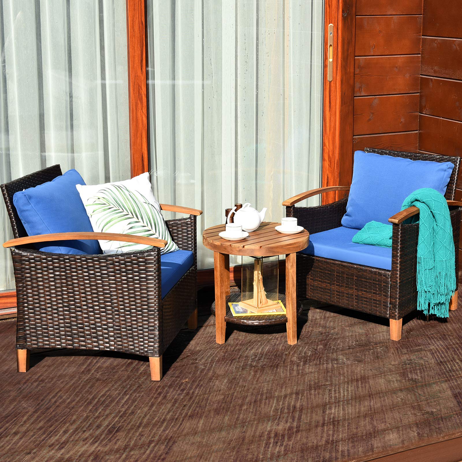 Tangkula 3 Pieces Patio Furniture Set, Outdoor Rattan Sofa and Side Table w/Solid Acacia Wood Frame, High Load Bearing Conversation Bistro Set w/Washable and Removable Cushions (Navy Blue)