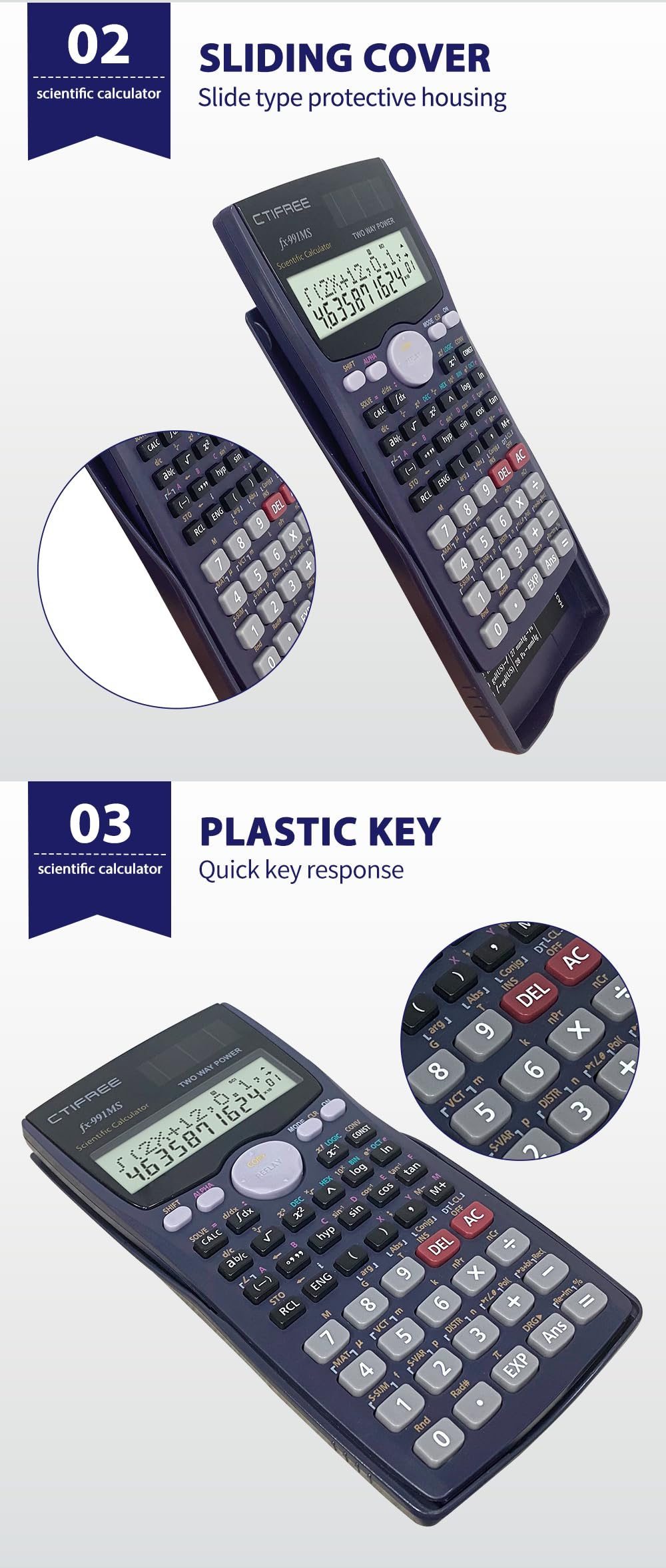 CTIFREE Scientific Calculator FX-991MS College Middle School Mathematics 401 Function Calculadora Cientifica Dual Power Scientific Calculator