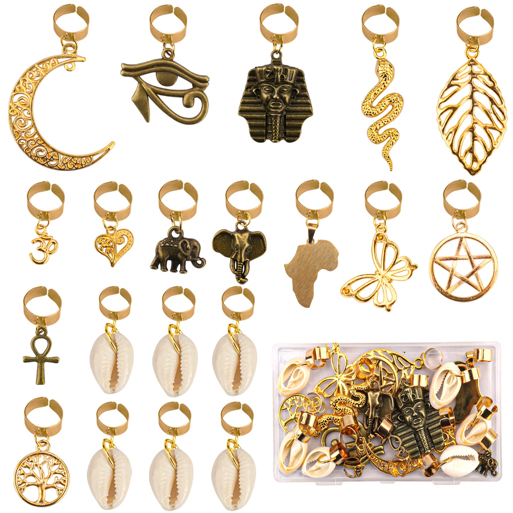 Messen 20 PCS Locs Hair Jewelry Braids Hair Clips Adjustable Hair Cuffs 15 Styles Vintage African Pendant Hair Charms Butterfly Shell DIY Locs Hair Accessories (Bronze and Gold)