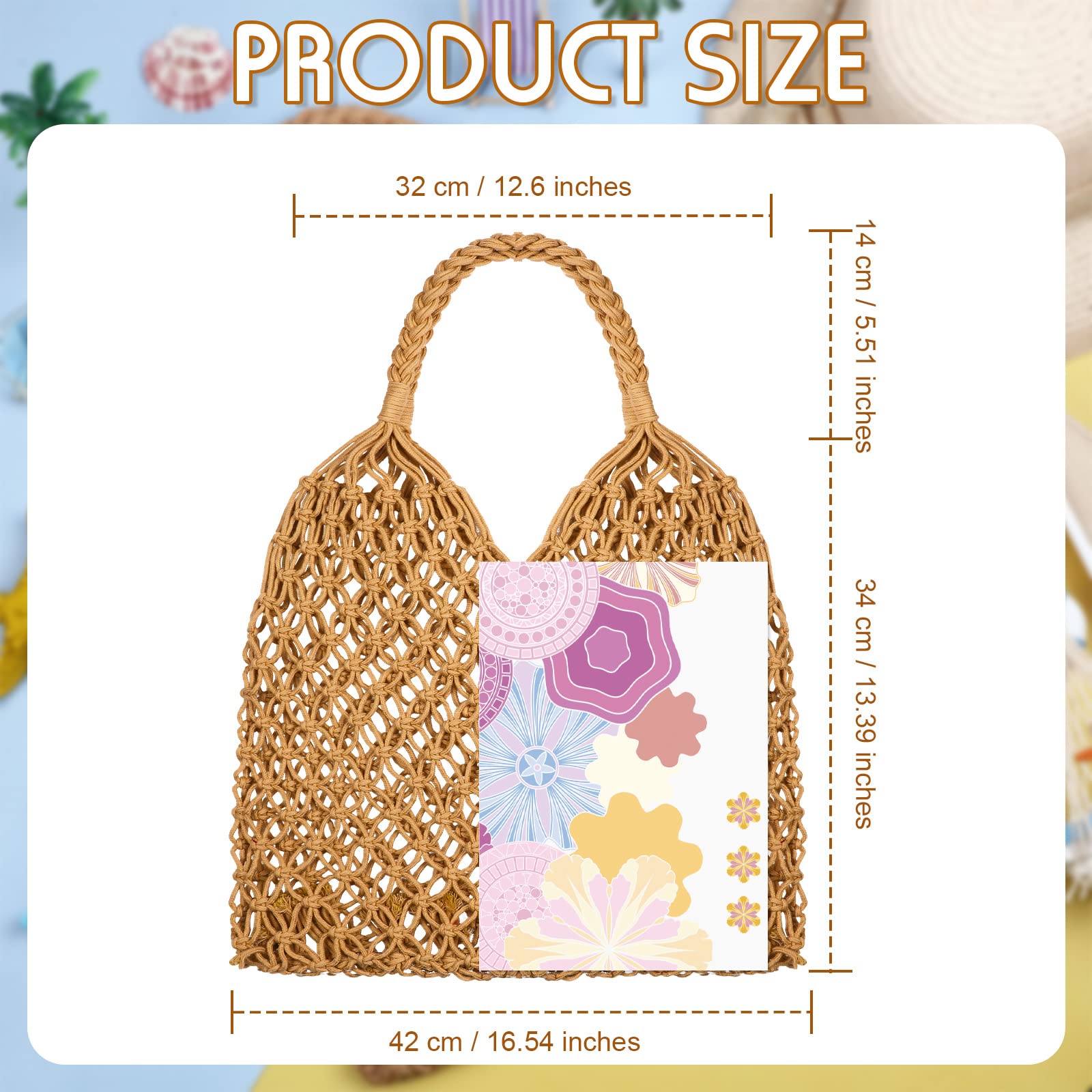 Travel Beach Fishing Net Handbag Woven Shoulder Bag Cotton Rope Macrame Bag Mesh Beach Bag Crochet Knit Purse for Women(Camel)