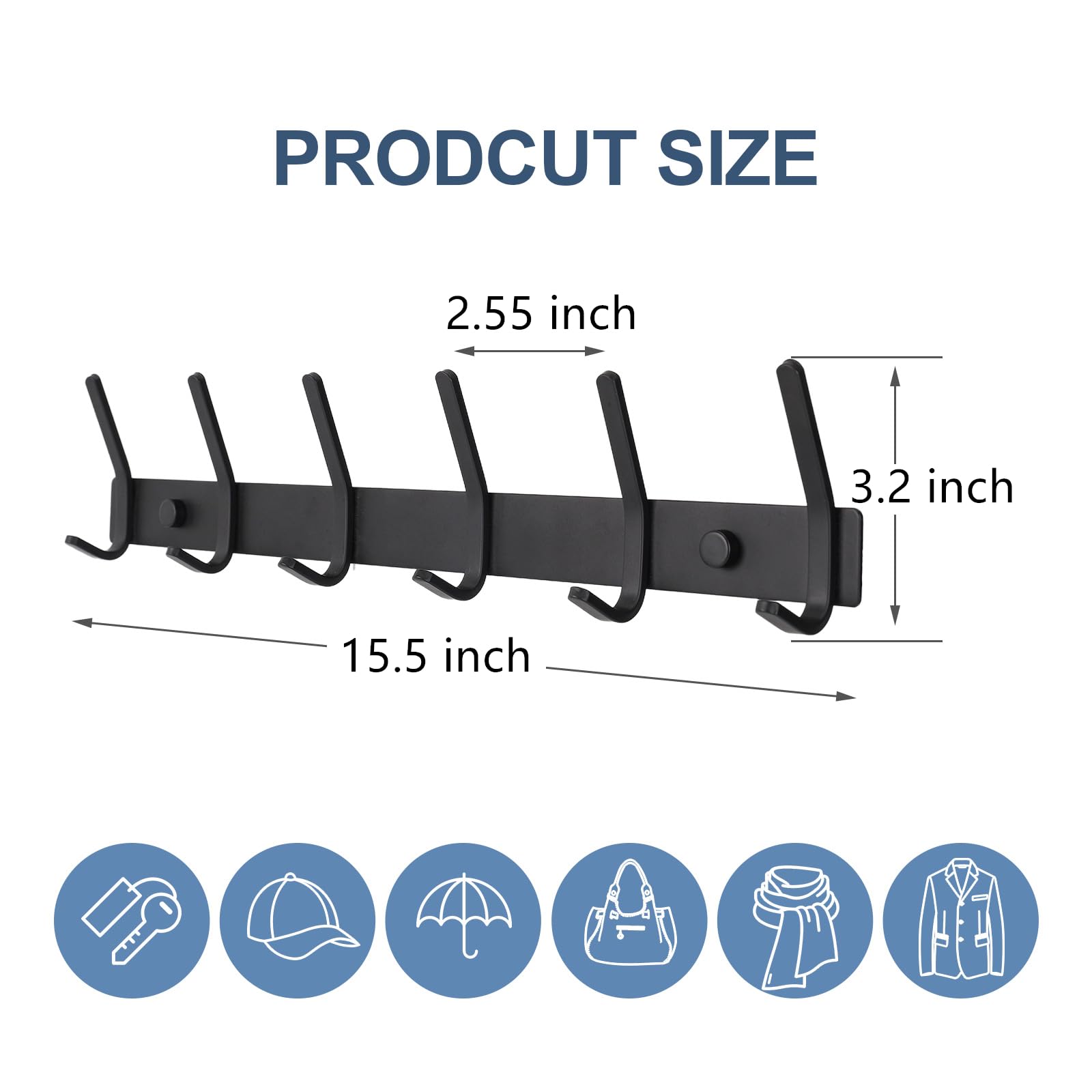 Coat Rack Wall Mounted with 6 Hooks,2 Pack Stainless Steel Coat Hooks for Hanging Coats,Heavy Duty Wall Hooks for Kitchen,Balcony, Bathroom,Living Room,and More