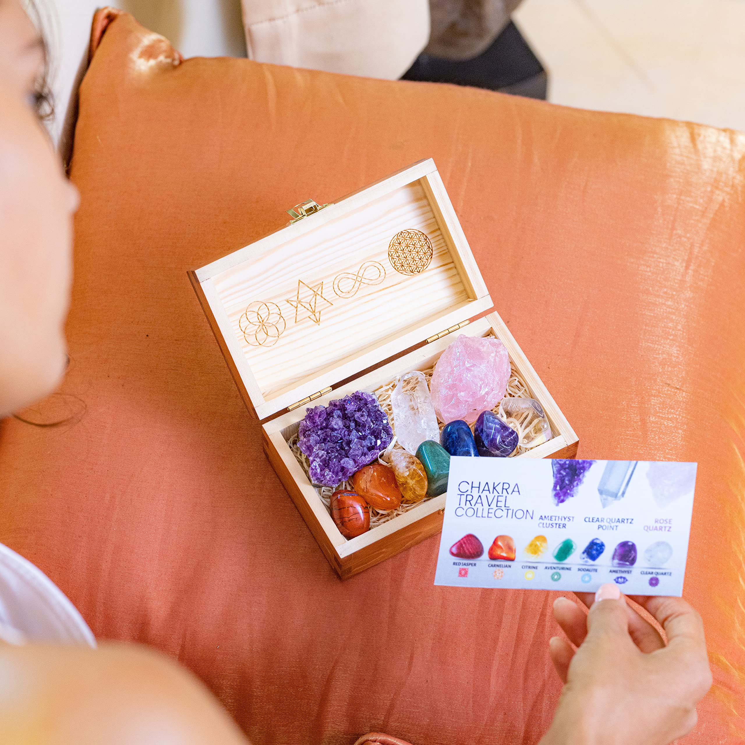 CRYSTALYA Travel Chakra Crystals and Healing Stones in Wooden Gift Box + 50pg EBOOK – 7 Chakra Tumbled Gemstones, Amethyst Crystal, Rose Quartz, Quartz Crystal Point, Stone Guide, Made in U.S.A.