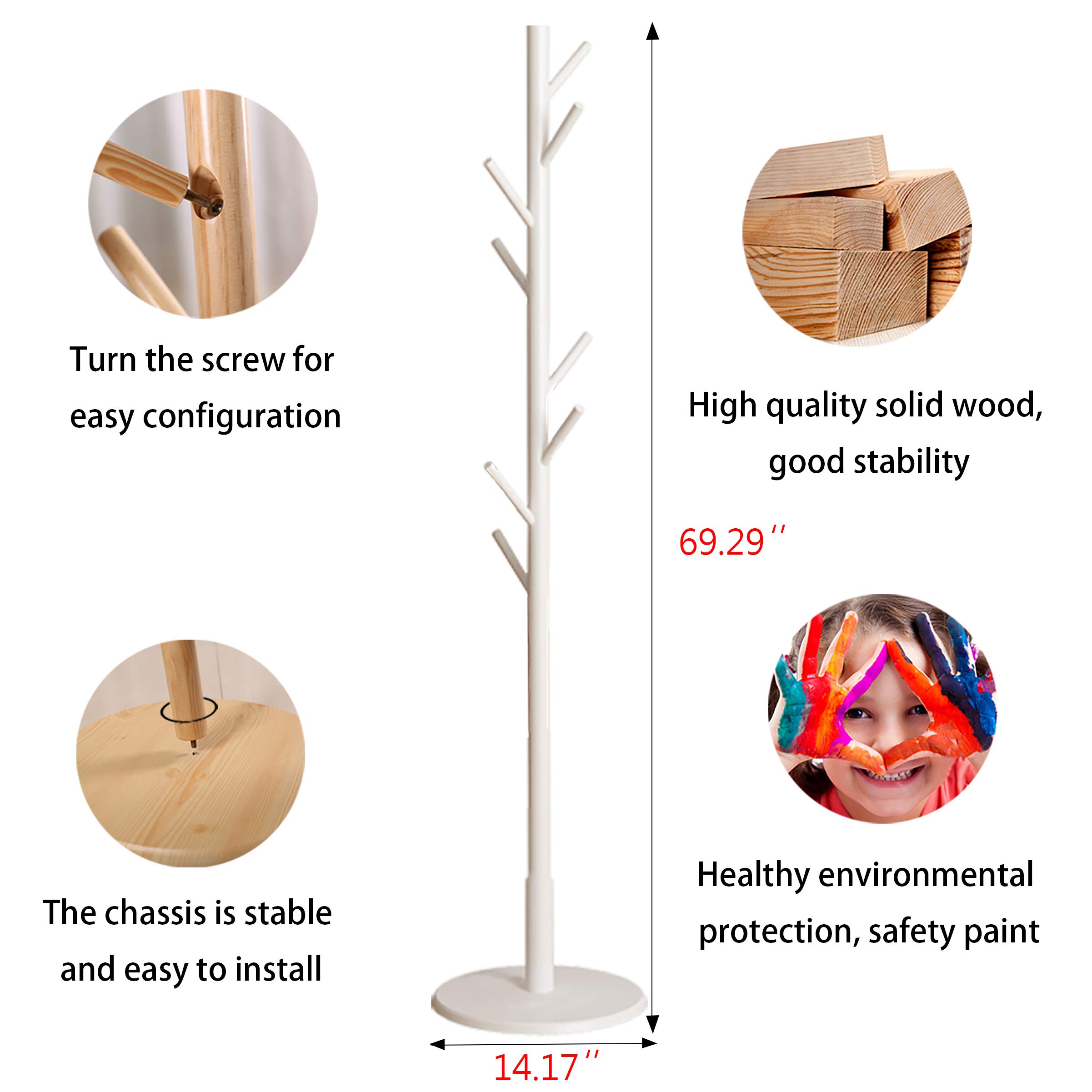 Coat Rack Wooden Coat Rack Free Standing Coat Tree with 8 Hooks Entryway Coat Hanger Stand with Round Base for Bags, Clothes, Umbrellas, Hats, in Home and Office (White)