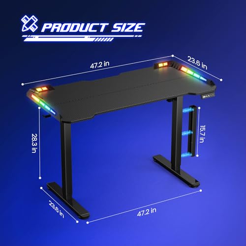 Gaming Desk with LED Lights & APP Control, 48" x 24" Gaming Table with Music Sensing, Underdesk Cable Storage Electric Standing Desk, Black Carbon Fiber PC Desk for Gaming and Home Office