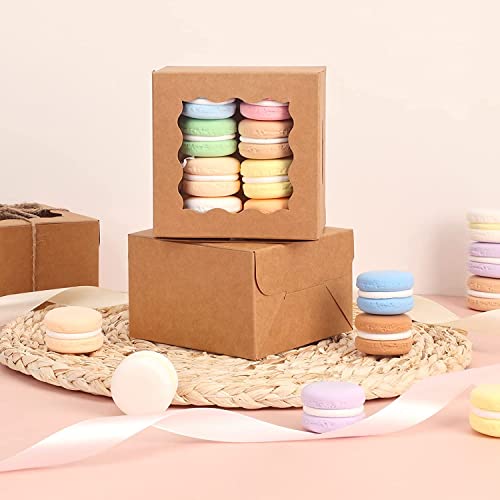 Moretoes 30 Pack Mini Cookie Boxes 4 Inch Bakery Boxes with 66ft Twine Small Brown Kraft Cake Boxes with Window for Cupcakes, Pies, Donuts(4x4x2.5 Inch)