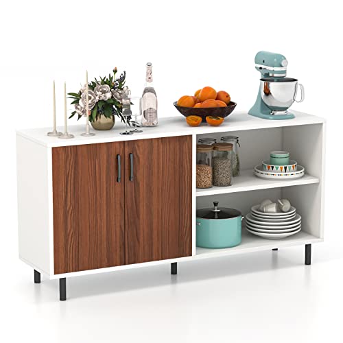 Giantex Buffet Sideboard, Modern Storage Cabinet with 2 Doors and Open Shelves, 58” Kitchen Cupboard with Metal Legs, Coffee Bar Cabinet for Kitchen, Living Room, White & Walnut