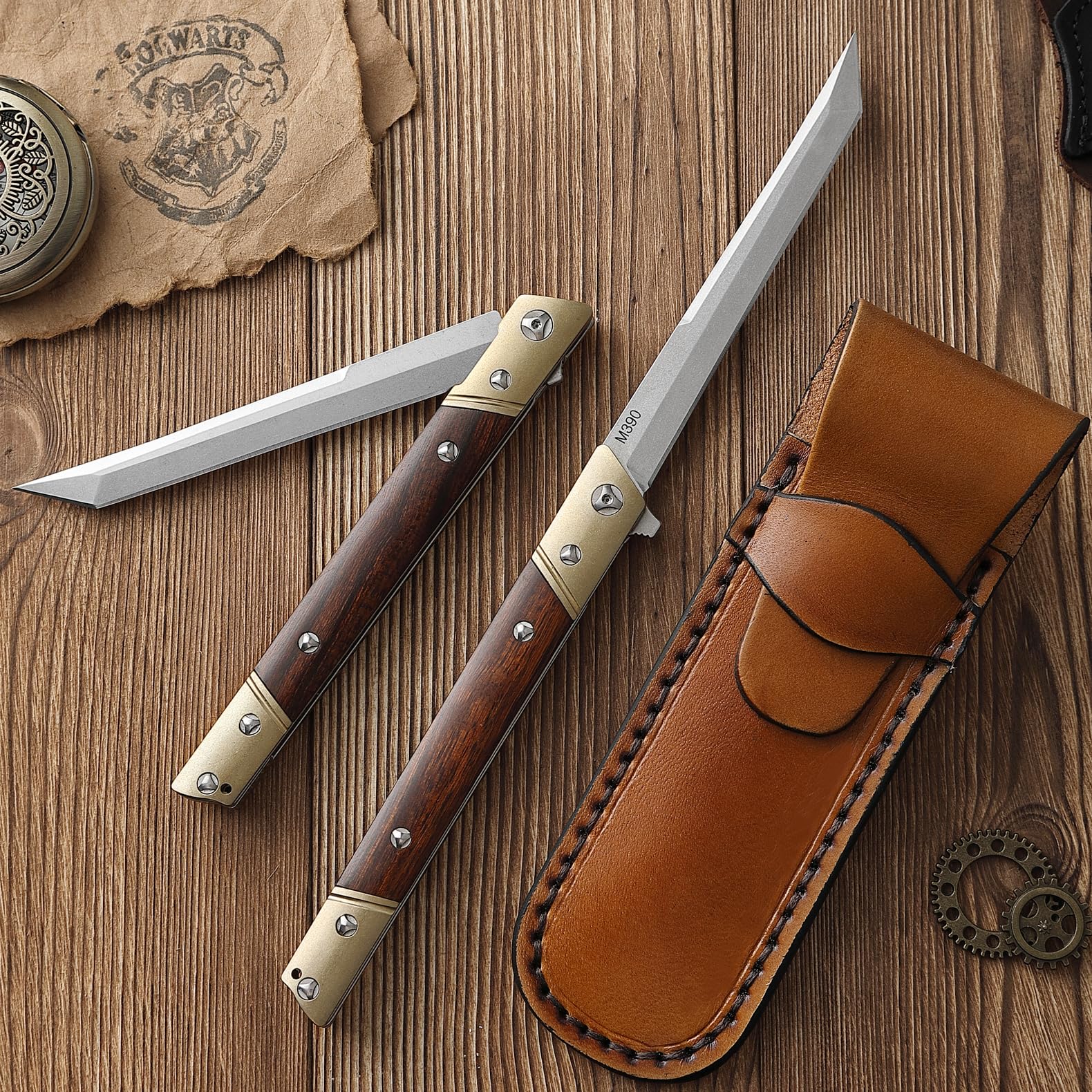 EDC lightweight Folding Pocket Knife,M390 steel gentleman's knife,3.9”Stone washing effect blades,With handmade quality knife sheath,Desert Ironwood Handle,Camping Outdoor Daily Carry folding knife
