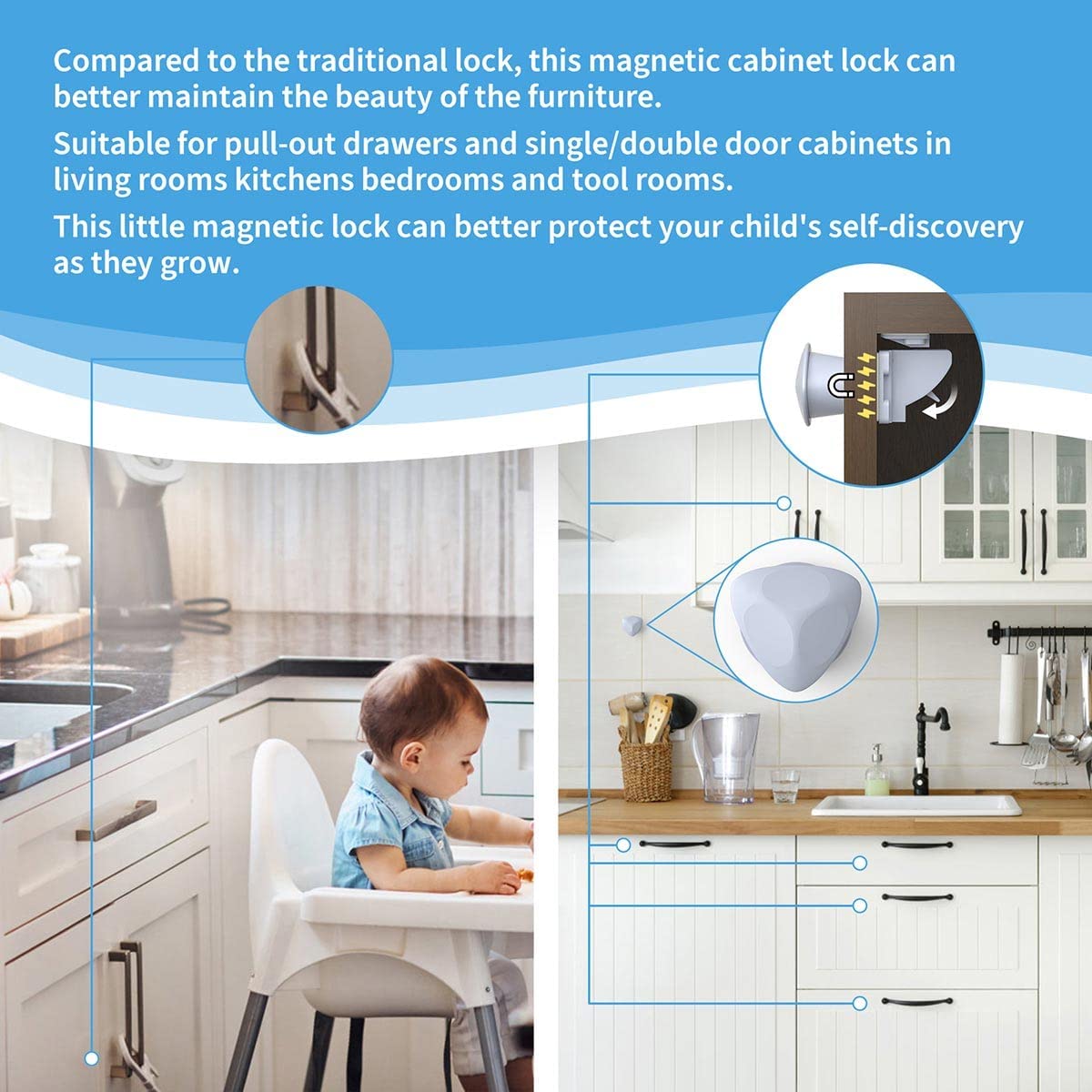Magnetic Cabinet Locks (10 Locks 2 Keys), Cabinet Locks for Babies, Baby Proofing & Child Safety by TYRY.HU, Baby Proofing Cabinets, Fit Most Cabinets and Drawers No Screws or Tools Needed(10Locks)