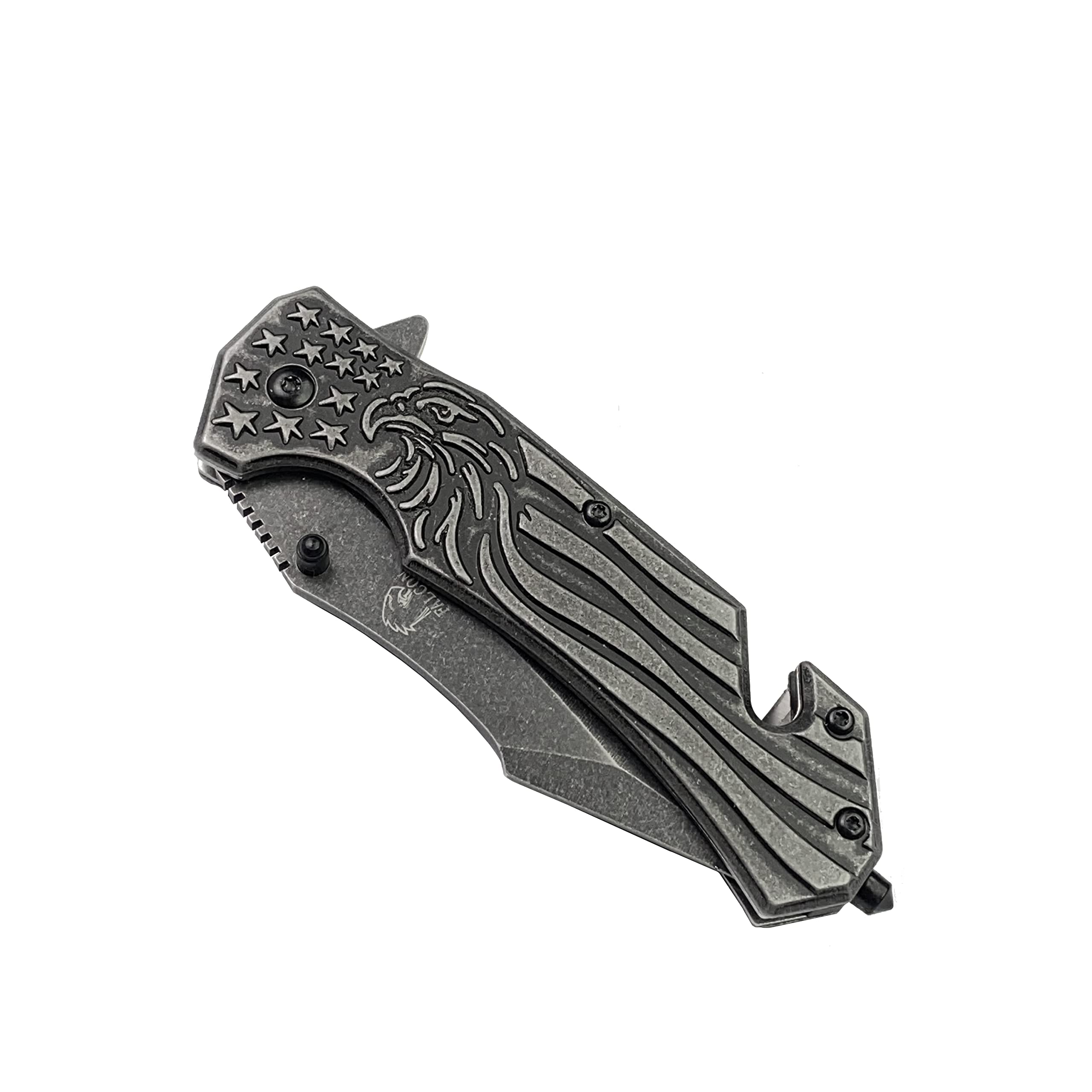 Falcon 8" U.S American Flag Eagle Engraved Assisted Open Tactical Stainless Steel Folding Clip Point Knife with Seatbelt Cutter and Glass Breaker