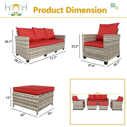 HTTH Patio Furniture Sets PE Rattan Wicker Outdoor Conversation Set Patio Sectional Sets Patio Sofa Couch Set with 2 Ottomans for Porch, Balcony, Lawn (Gray-Red)