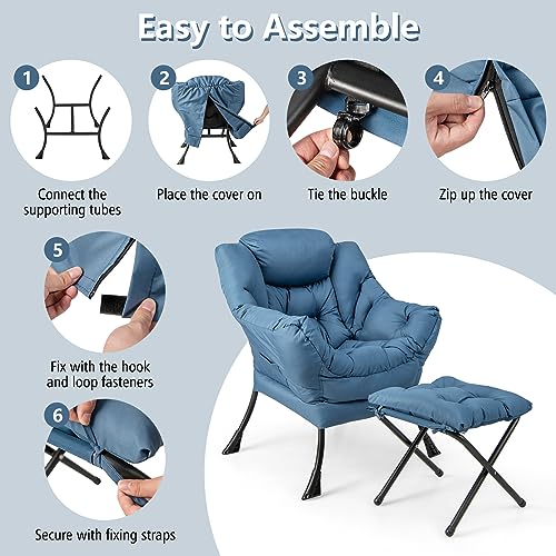 Giantex Lazy Chair with Ottoman, Accent Sofa Chair with Folding Footrest, Side Storage Pocket, Upholstered Leisure Lounge Armchair with Stool for Bedroom, Living Room, Office, Blue