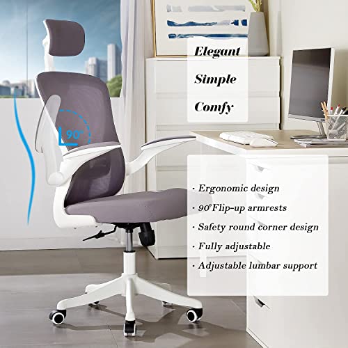 Moppson Ergonomic Office Chair, High Back Desk Chair,360-Degree Swivel,Adjustable Height with Flip-Up Arms,Tilt Function,Cushion for Lumbar Support Office Chair (White)