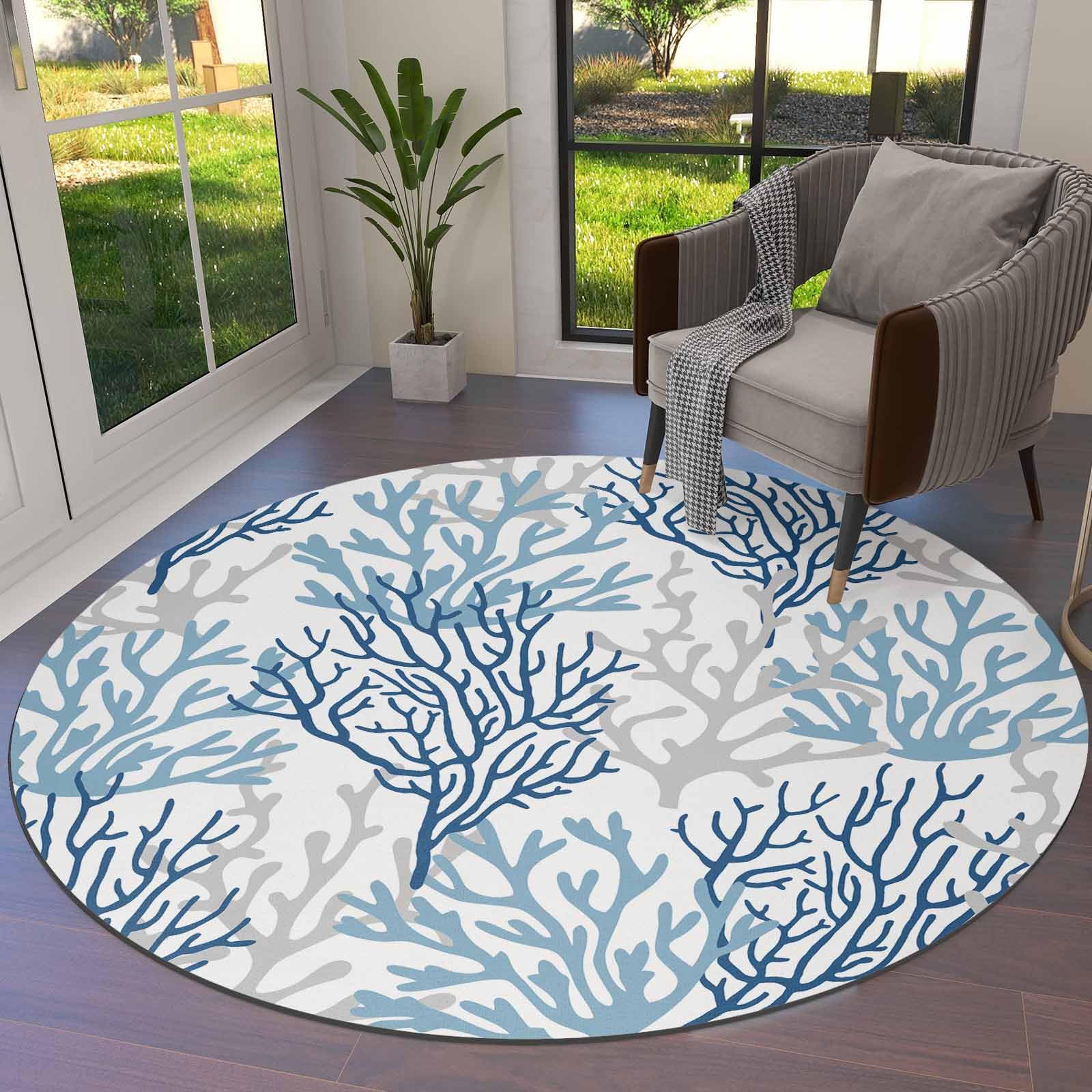 Huotupsine Navy Blue Coral Coastal Round Area Rugs, Summer Beach Non-Skid Children Playing Mat, Ocean Seaside Nautical 4ft Soft Circle Farmhouse Rugs for Living Room, Bedroom, Dining Room