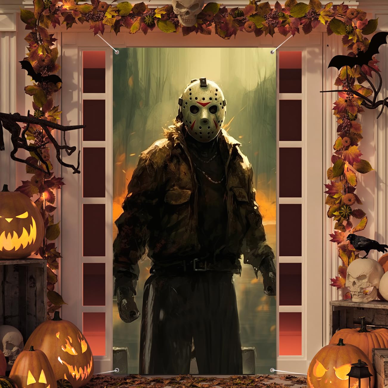 Halloween Decorations Outdoor Scary Halloween Door Cover with Horror Movie Character Killer for Halloween Birthday Decor Halloween Party Supplies Door Banner