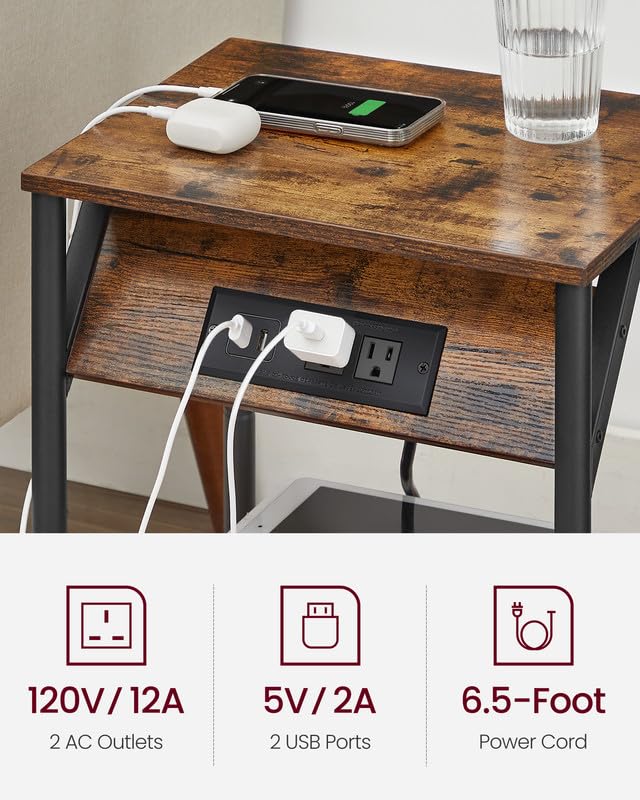 VASAGLE Side Table with Charging Station, End Table with USB Ports and Outlets, Nightstand for Living Room, Bedroom, Plug-in Series, Rustic Brown and Black ULET371B01