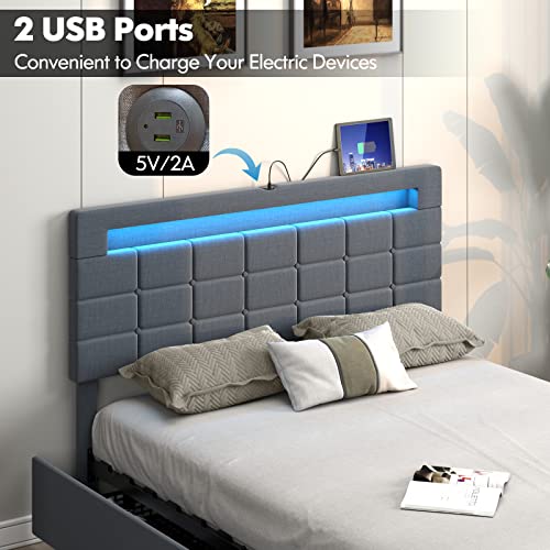 Giantex Queen Bed Frame with LED Lights and 4 Drawers, Upholstered Platform Bed Frame with USB Ports, Tufted Adjustable Headboard Design, Solid Wooden Slat Support, No Box Spring Needed