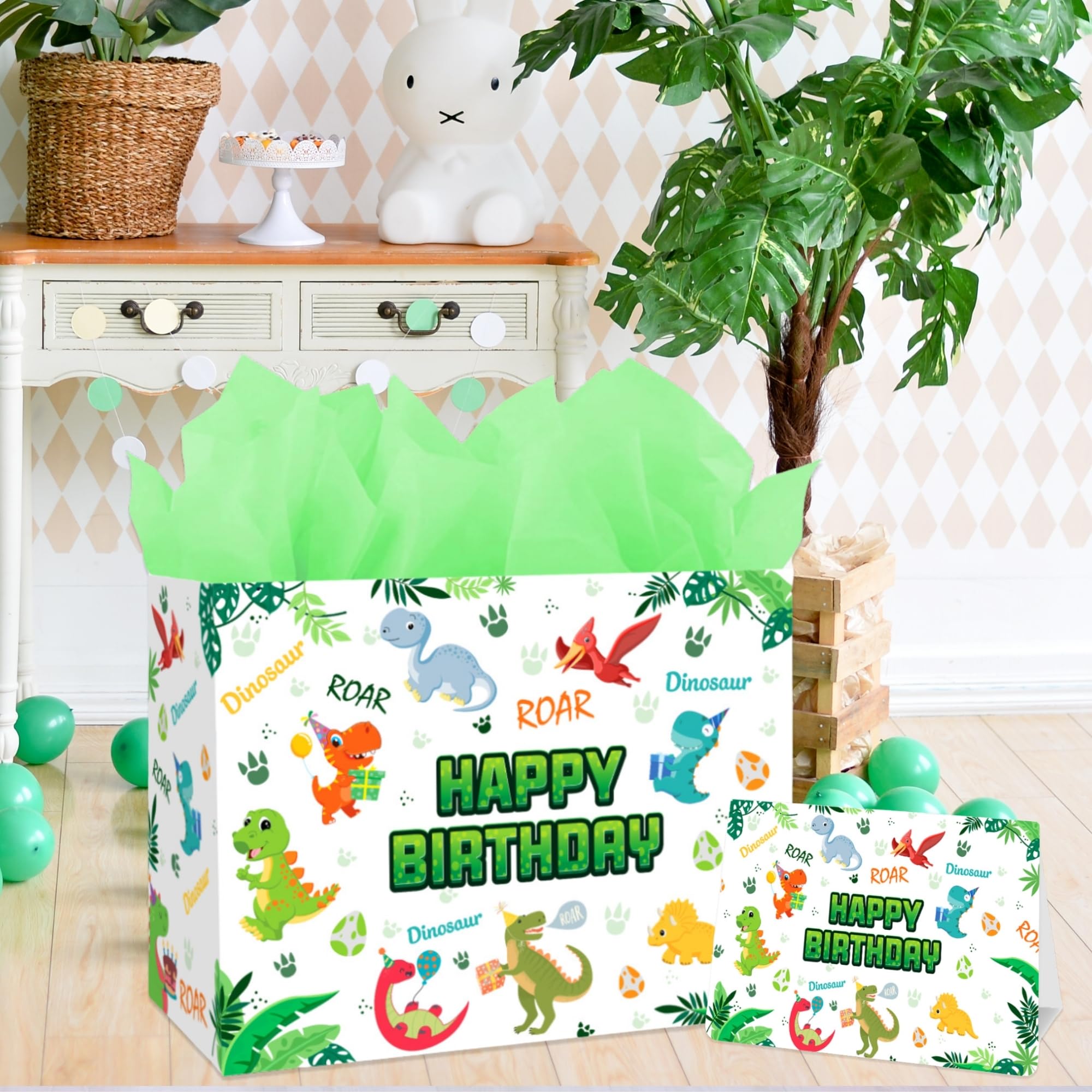 Generic Large 13"" Dinosaur Birthday Gift Bag with Handles, Card, and Tissue Paper for Boys