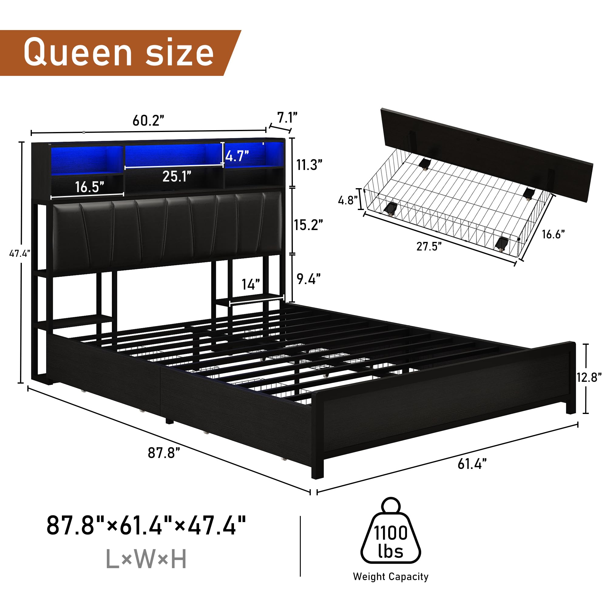 Hlivelood Full LED Bed Frame with Storage Headboard & 4 Drawers, Metal Platform Bed Frame with Charging Station, Bookcase Storage, No Box Spring Needed, Easy Assembly, Black