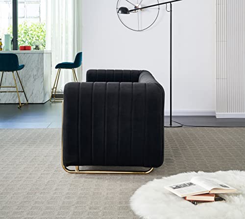 Melpomene Vertical Channel Tufted Velvet Sofa with Round Arm and Gold Metal Legs,Armrest 84.25" W(Black)
