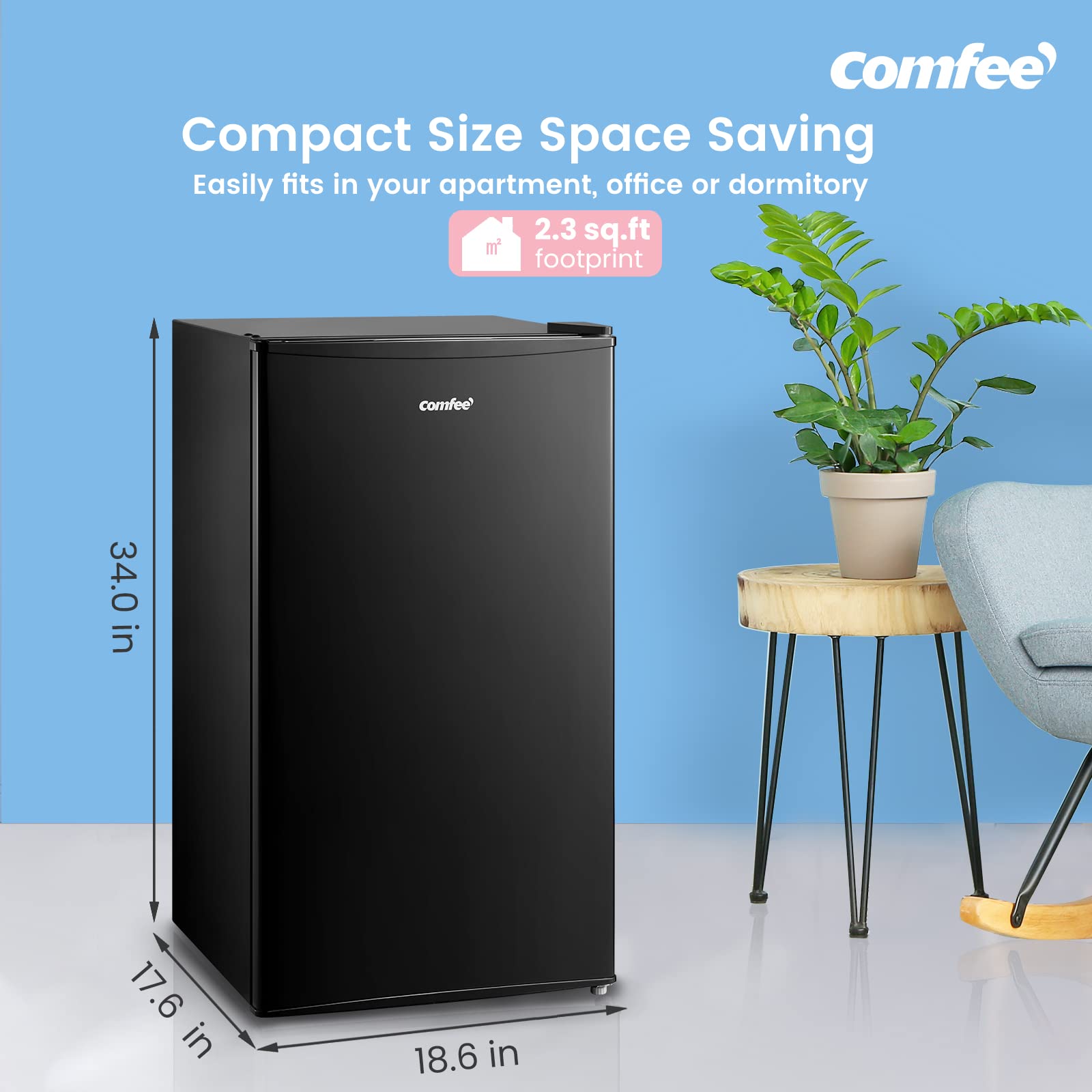 COMFEE' CRM33S3ABB 3.3 CuFt mini fridge Singel Door small Fridge for Bedroom Office Garage Studio Dorm, mini Refrigerator Black & Midea MRU03M2ABB Upright Freezer Large Black, 3.0 Cubic Feet