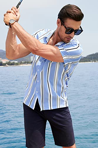 JMIERR Men's Hawaiian Striped Shirts Summer Casual Short Sleeve Button Down Beach Shirt with Pocket for Men, US 43(L), A2 Blue