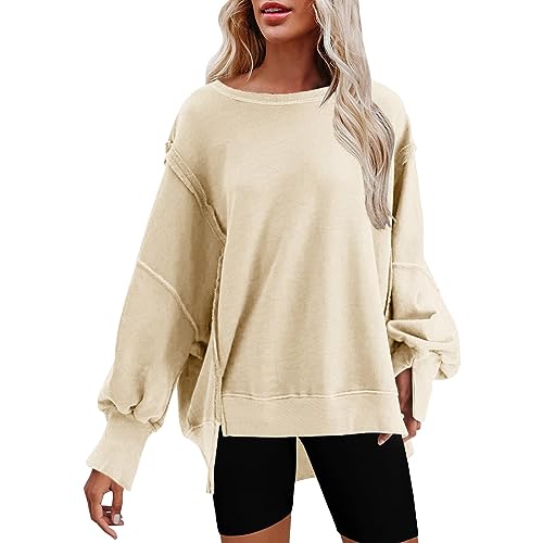 iHPH7 Womens Oversized Crewneck Sweatshirts Pullover Workout Tops Fall Long Sleeve Teen Girls Loose Outfits Preppy Cute Clothes Beige