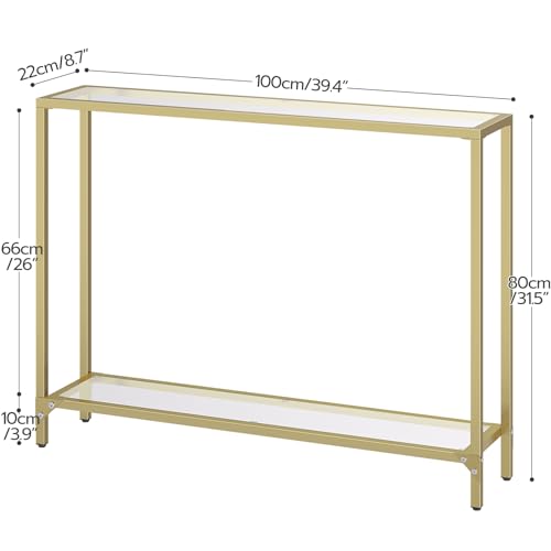 HOOBRO 39.4" Gold Console Table, Tempered Glass Sofa Table, Narrow Entryway Table, Metal Frame, Modern Style, Hallway, Living Room, GD04XG01