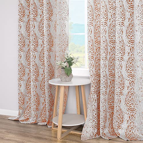 Mrs.Naturall Rusty Orange Curtains 63 Inch Length for Bedroom 2 Panels Grommet Burnt Orange Medallion Patterned Damask Moroccan Design Semi Sheer Drapes for Living Room,Terracotta and Gray Cream