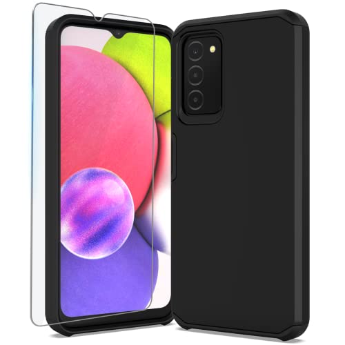 Huness for Samsung Galaxy A03S Case with 9H Tempered Glass Screen Protector,Durable Hybrid Shockproof Full-Body Protective Case Cover - Black