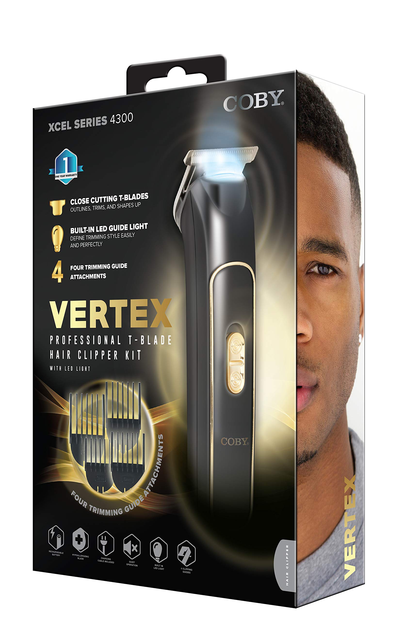 COBY VERTEX Men's Grooming Professional Clipper Rechargeable T-Blade Hair Trimmer with Guide Light