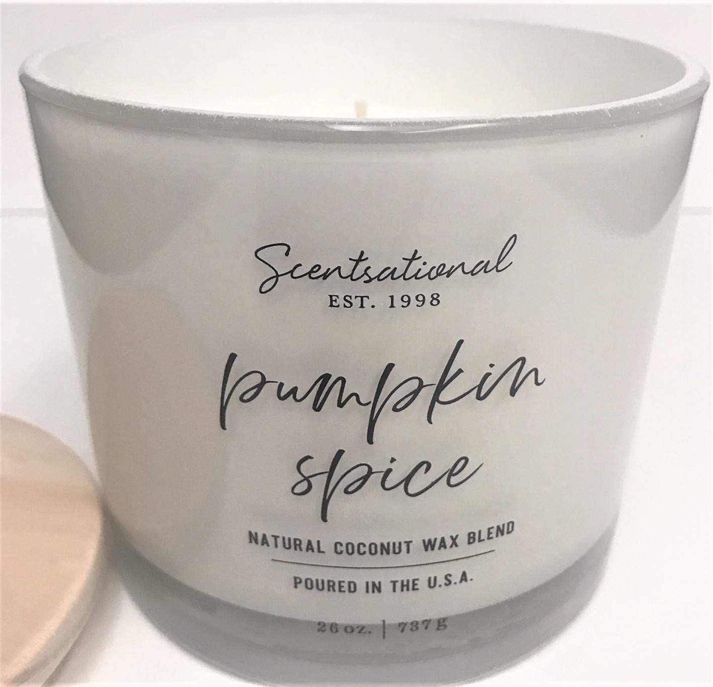 Natural Coconut Wax Blend Scented Candle Pumpkin Spice (in Cursive) XL White Jar with Wooden Lid, 26 Oz.