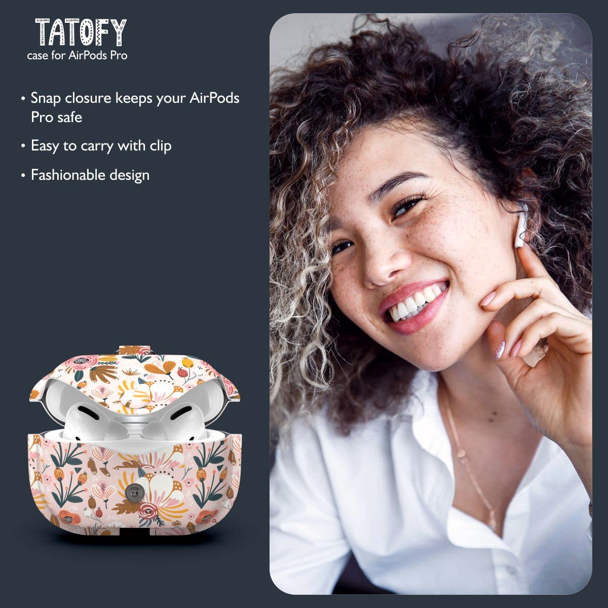 TATOFY Leather Case Cover for AirPods Pro, Stylish Leather Case for Women Girls, Flower Patterns with Secure Snap Closure Clip, Support Wireless Charging (Cyan)