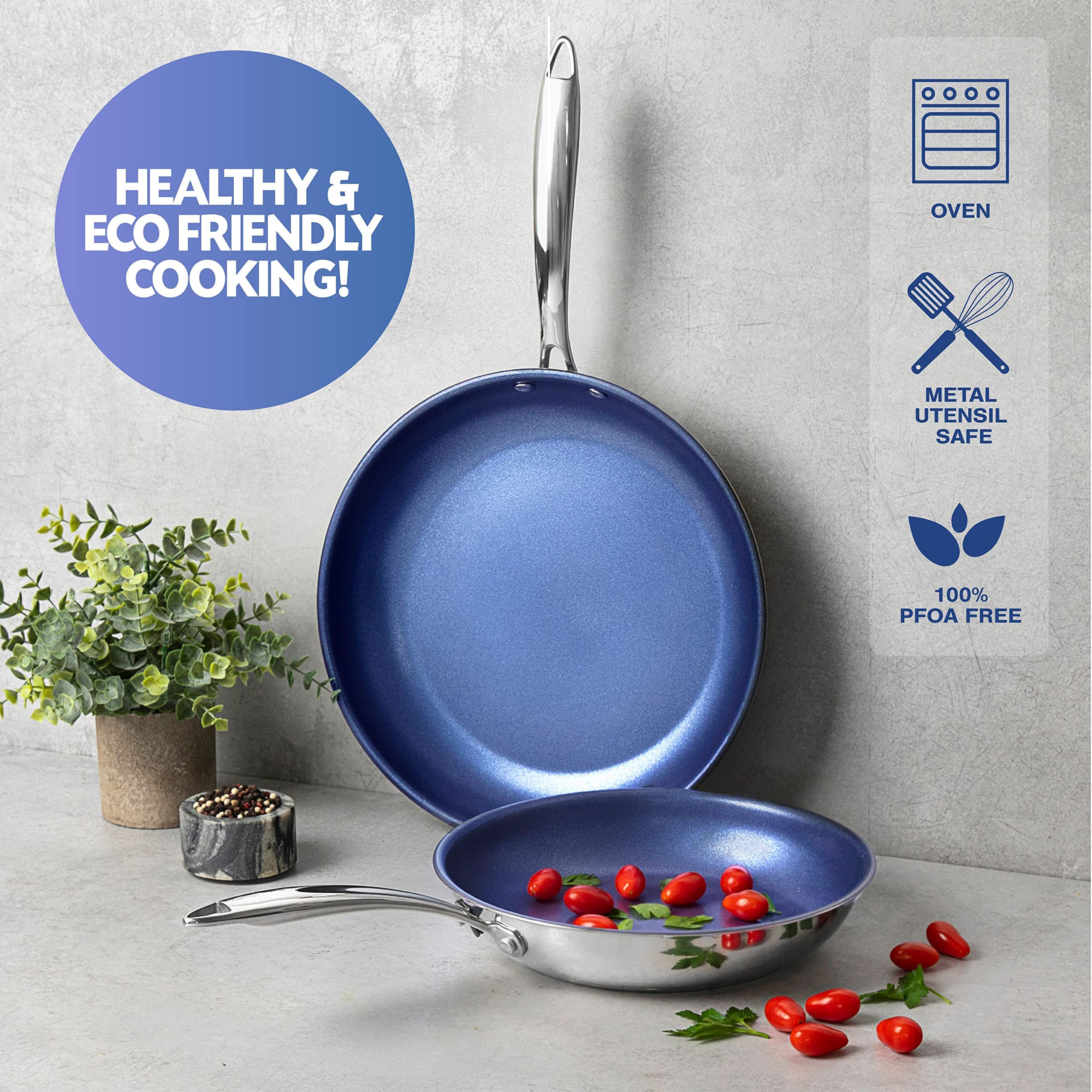 Granitestone Blue Non Stick Frying Pan, 10” Stainless Steel Pan for Cooking, Induction Frying Pan Nonstick, Egg Pan, Easy Cleanup, Stay Cool Handle, Ultra Durable, Oven Dishwasher Safe 100% Toxin Free