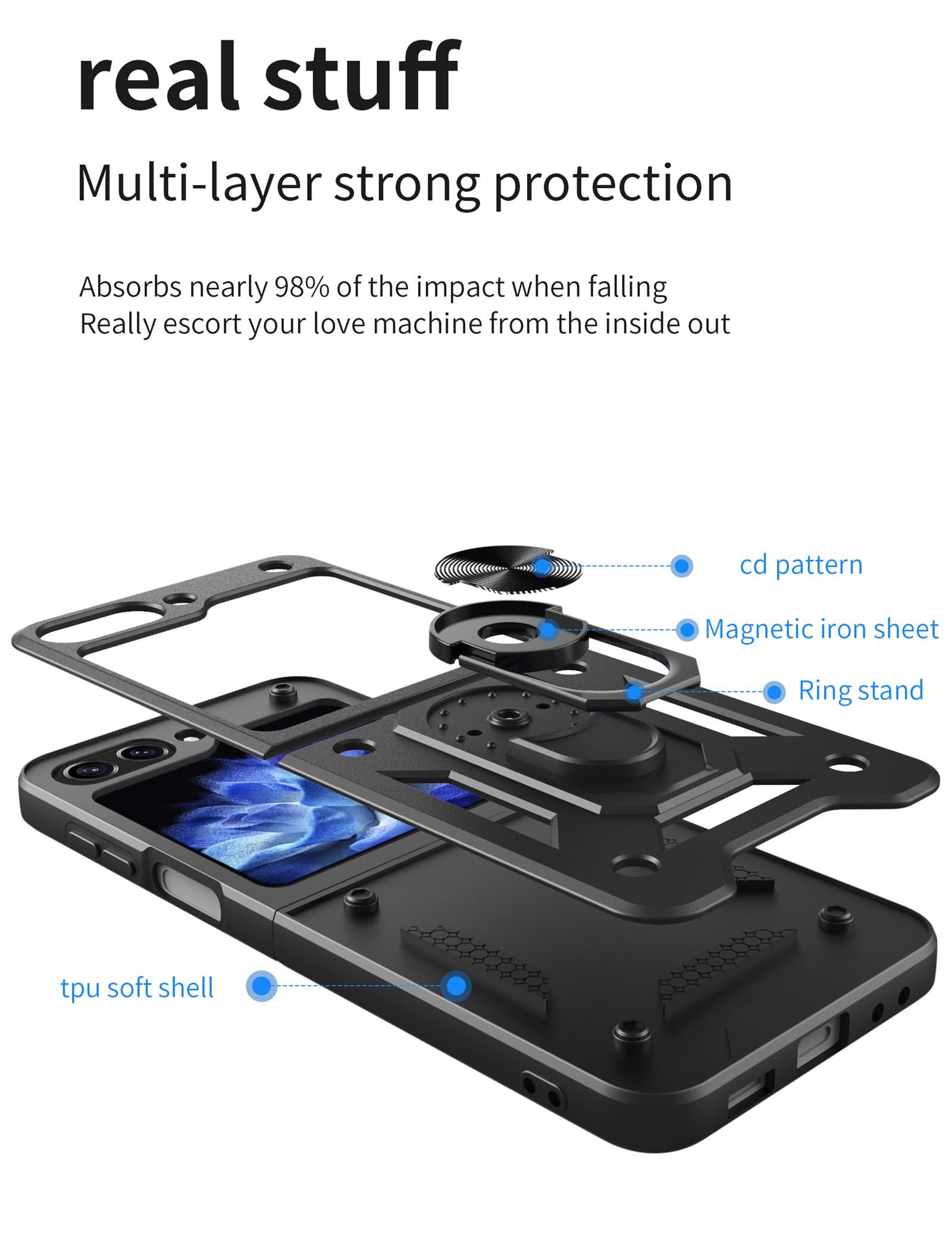 CCSmall for Samsung Galaxy Z Flip5 Case for Men, Military Grade Drop Protective Phone Cover Case with Ring Kickstand for Samsung Galaxy Z Flip 5 SJ Black