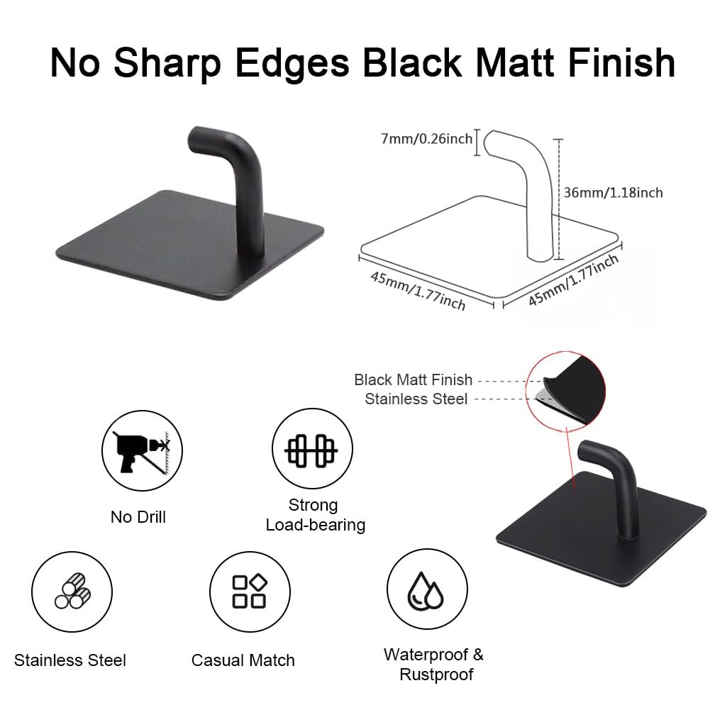 EDMILE Adhesive Hooks for Hanging, EDMILE Wall Hooks Self Adhesive Key Hat Coat Hooks, Stick on Bathroom Towel Hooks, Utility No Drill Hooks for Shower Kitchen Door Outdoor Home 8 Pack, Black