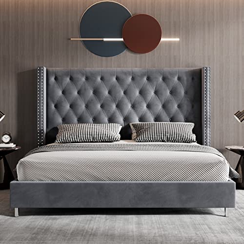 Jocisland Queen Bed Frame Upholstered Bed Wingback Headboard Velvet Tufted Diamond Button/No Box Spring Needed/Easy Assembly/Gray