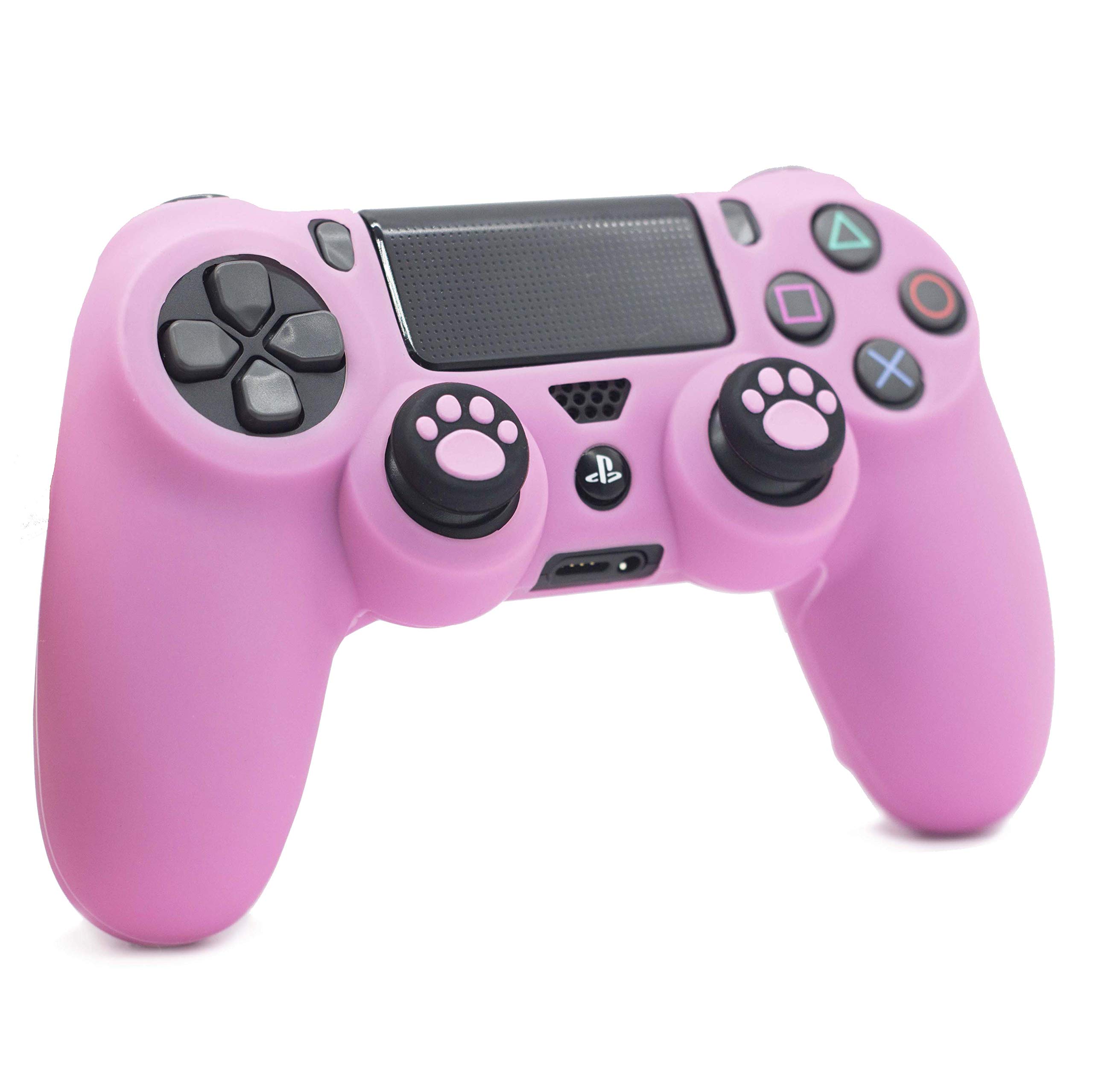 Controller Skin for PS4, BRHE Anti-Slip Grip Silicone Cover Protector Case Compatible with PS4 Slim/PS4 Pro Wireless/Wired Gamepad Controller with 2 Cat Paw Thumb Grip Caps (Pink)